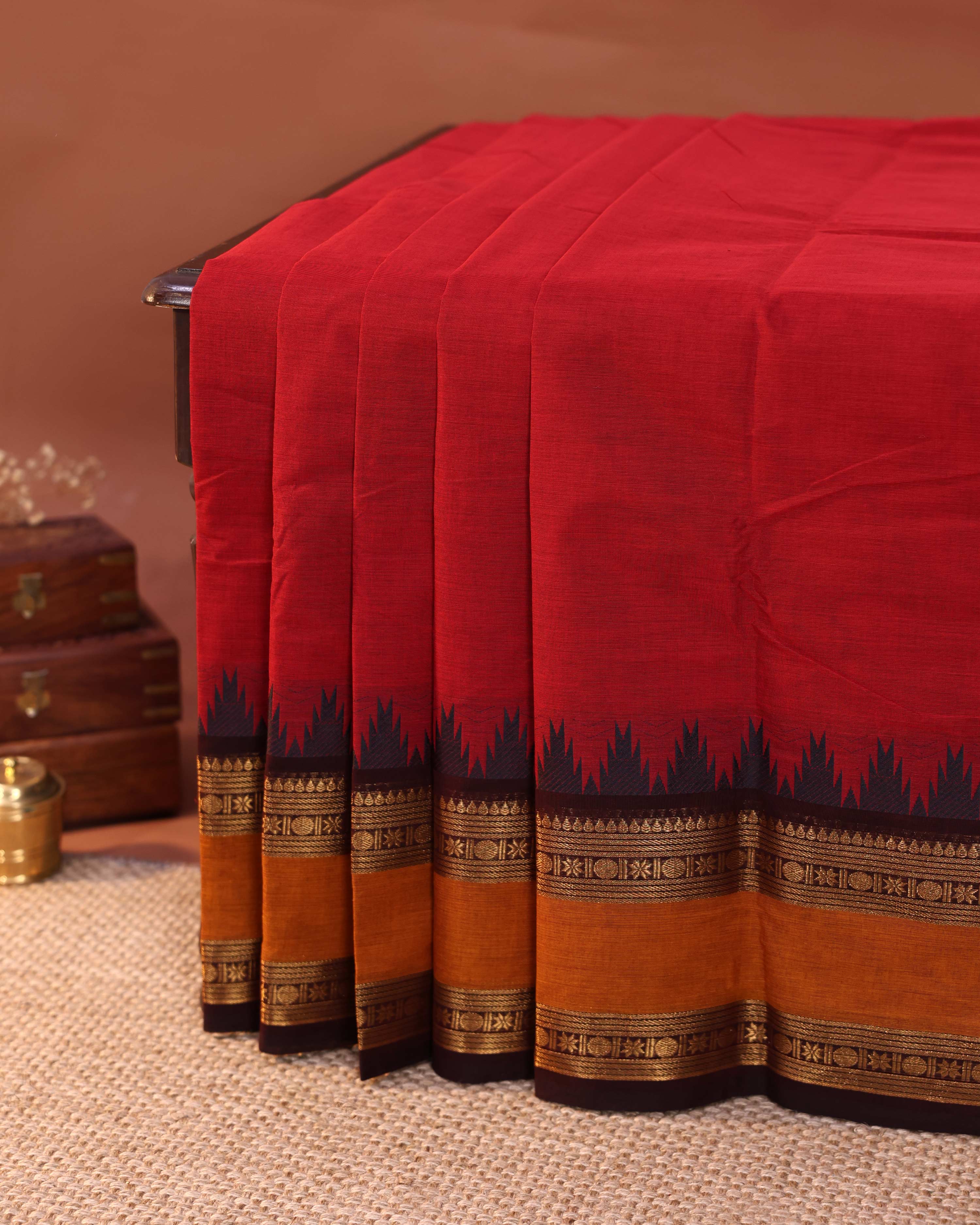 Traditional Chettinad Cotton Saree with Temple Motif Border