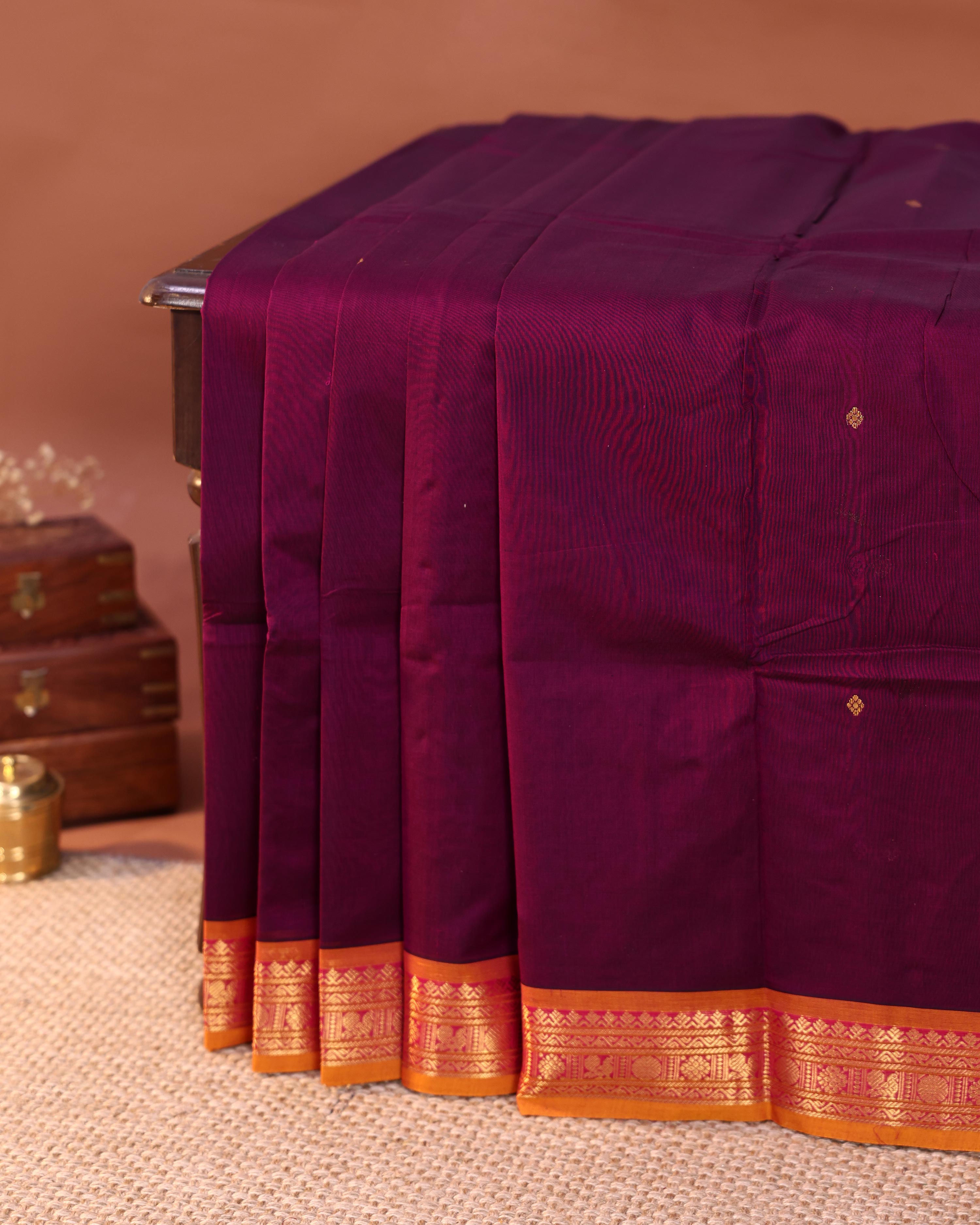 Handloom Chettinad Pure Cotton Saree with Butta Motifs & Zari Border