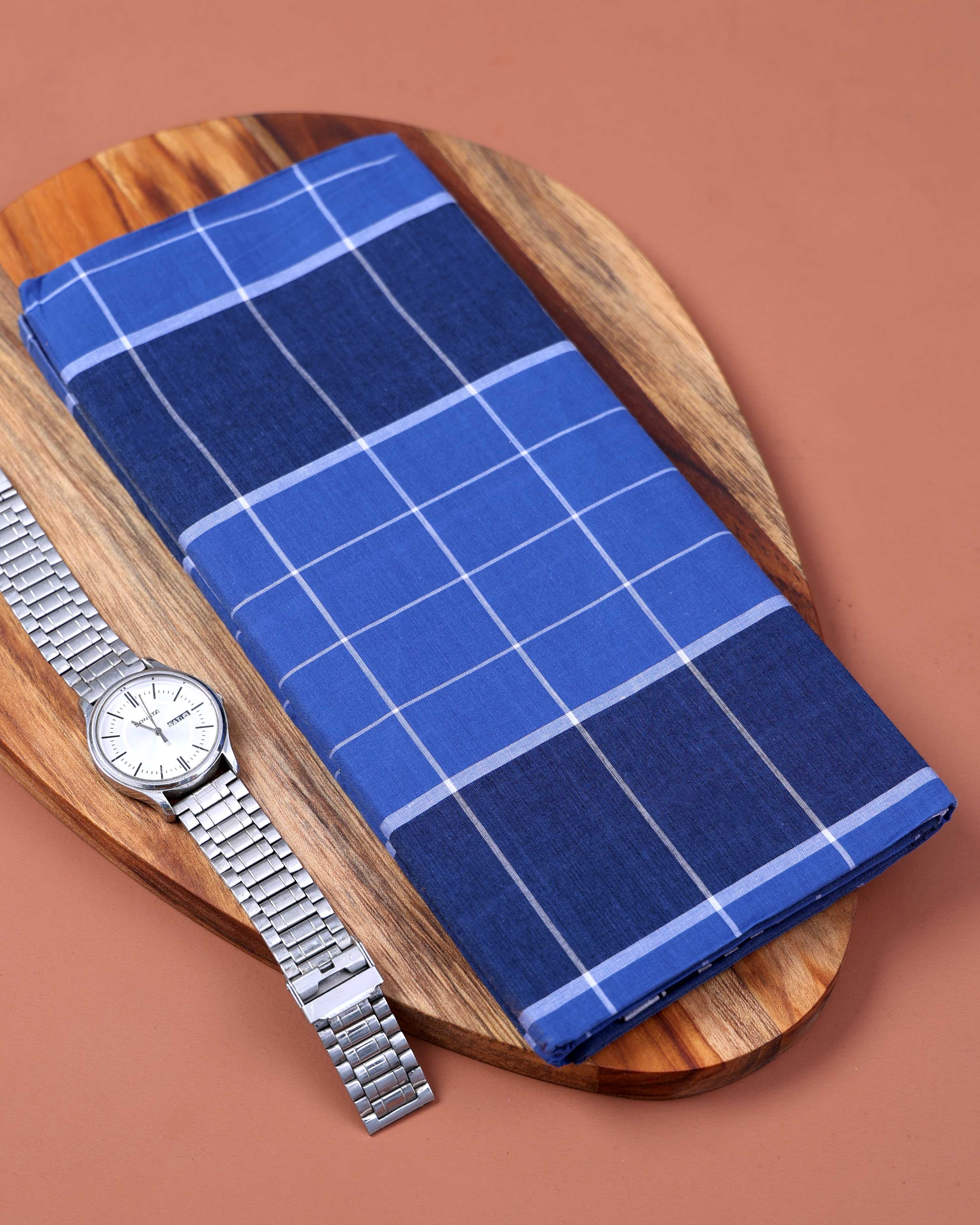 Sangu Men’s Premium Cotton Checked 2.10m Stitched Lungi – Blue