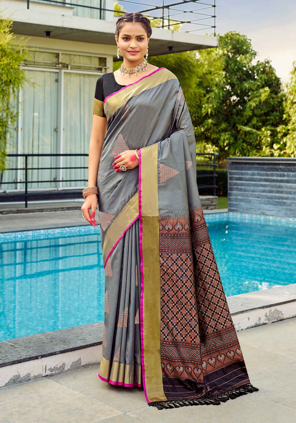 Soft Silk Grey Color Saree