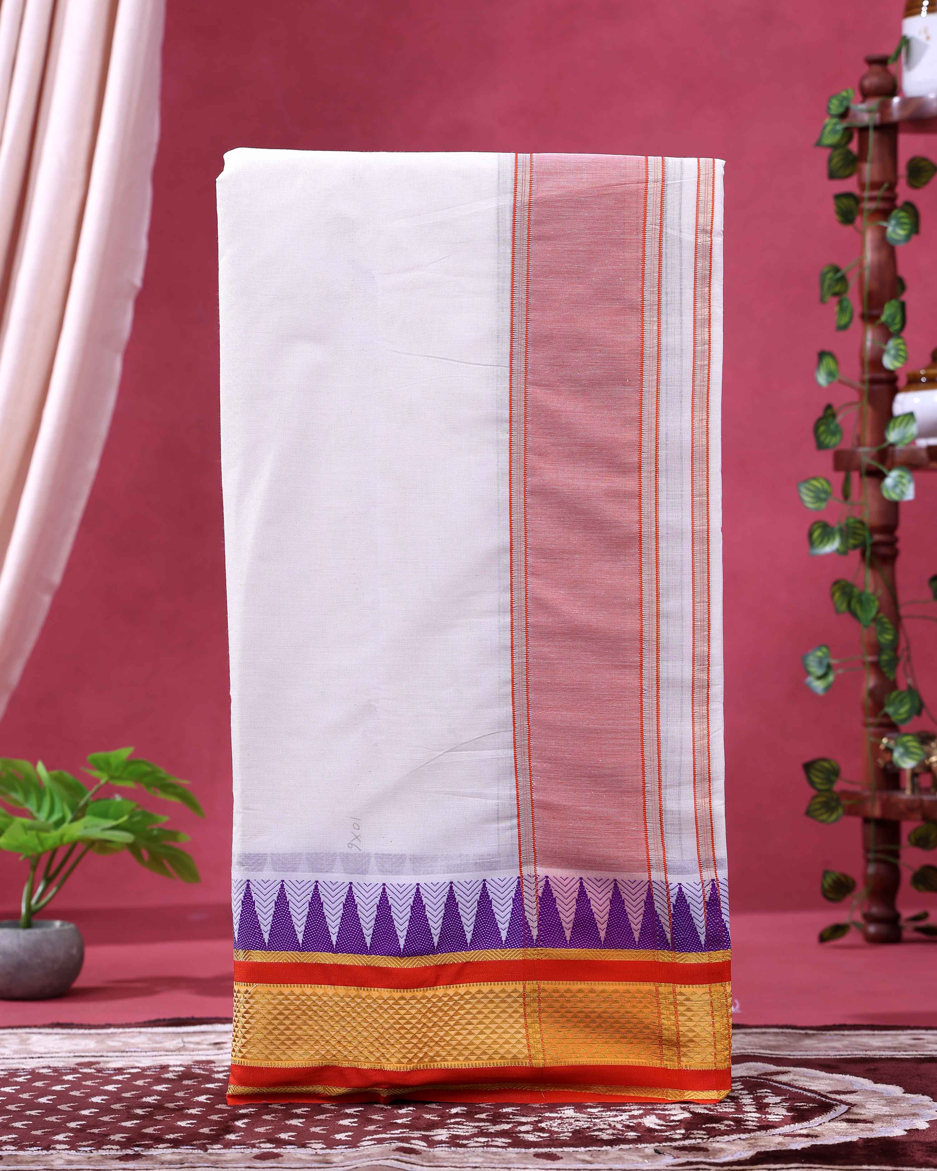 Men’s Traditional Cotton Dhoti 10×6 Meters with Gold Border - Off White