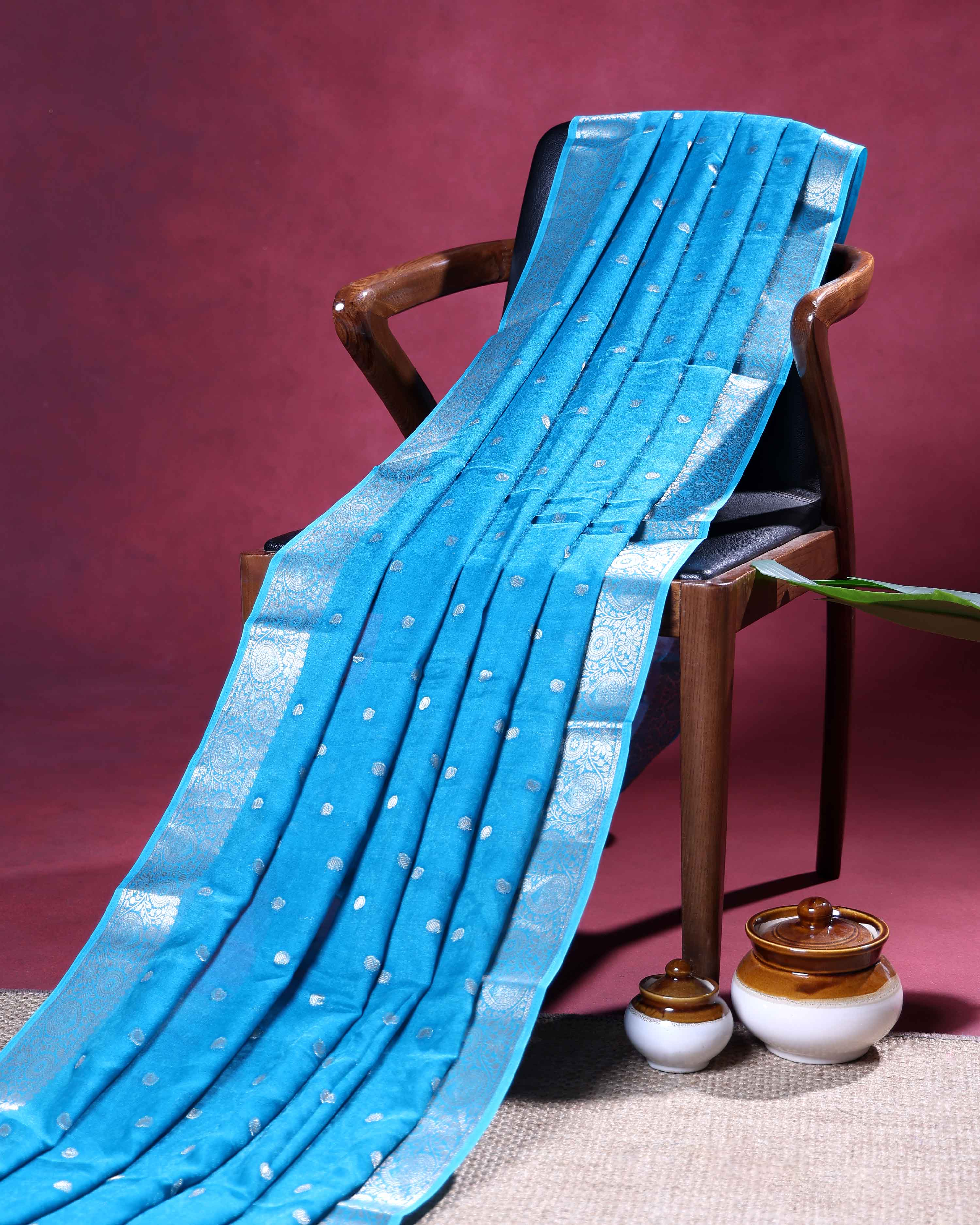 Banarasi Semi Silk Saree with Buti Motifs and Zari Border – Sky Blue