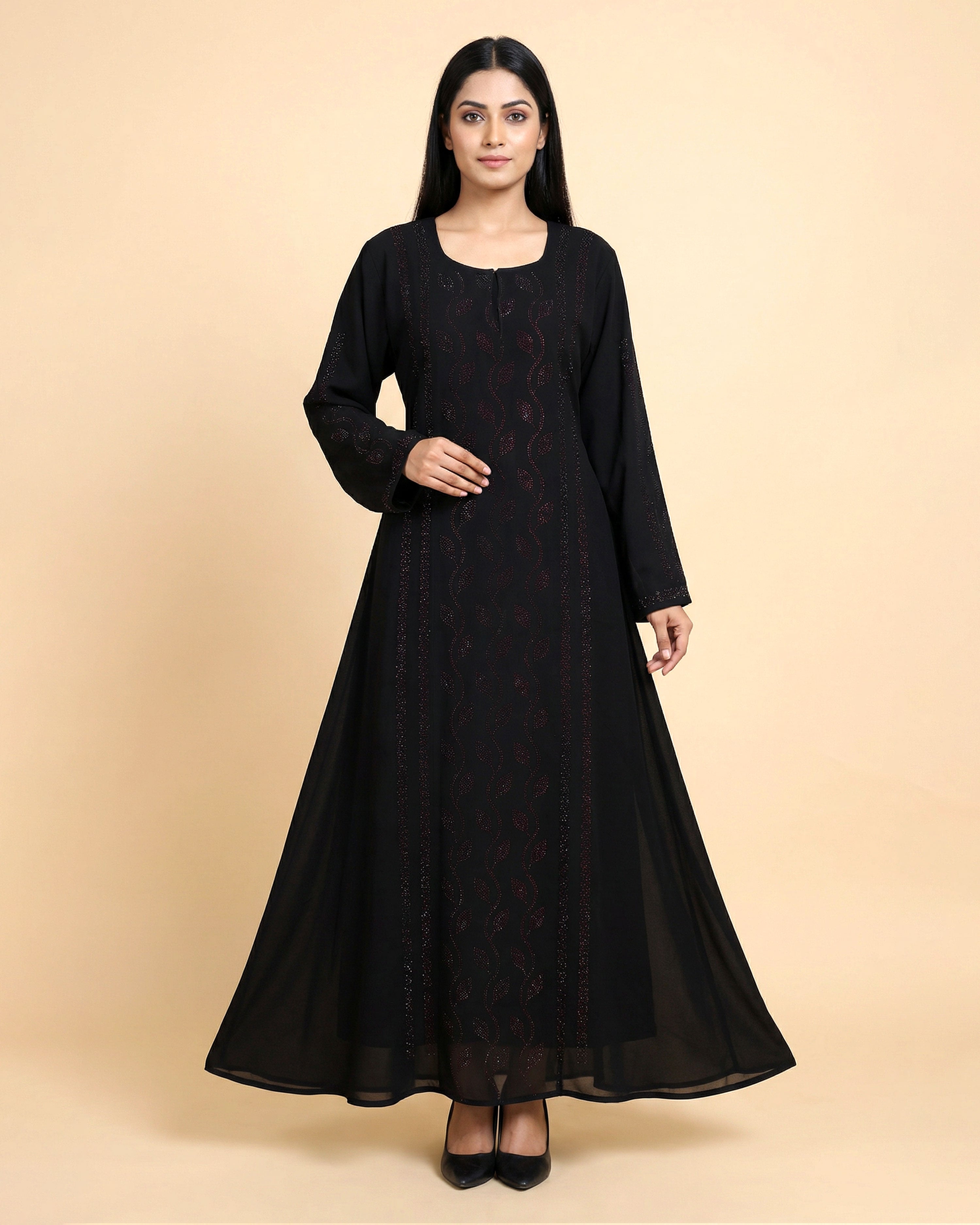 Women’s Traditional Flared Burqa with Elegant Panel Embroidery Fit