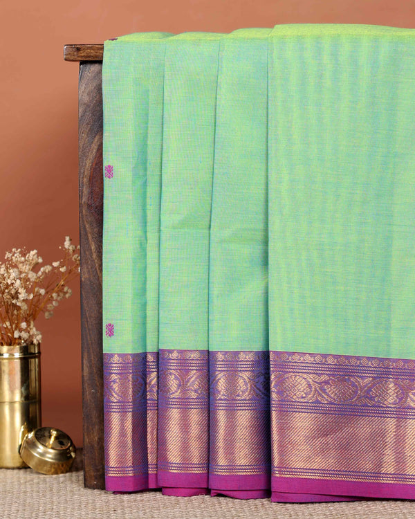 Handloom Chettinad Cotton Saree with Zari Temple Border – Green