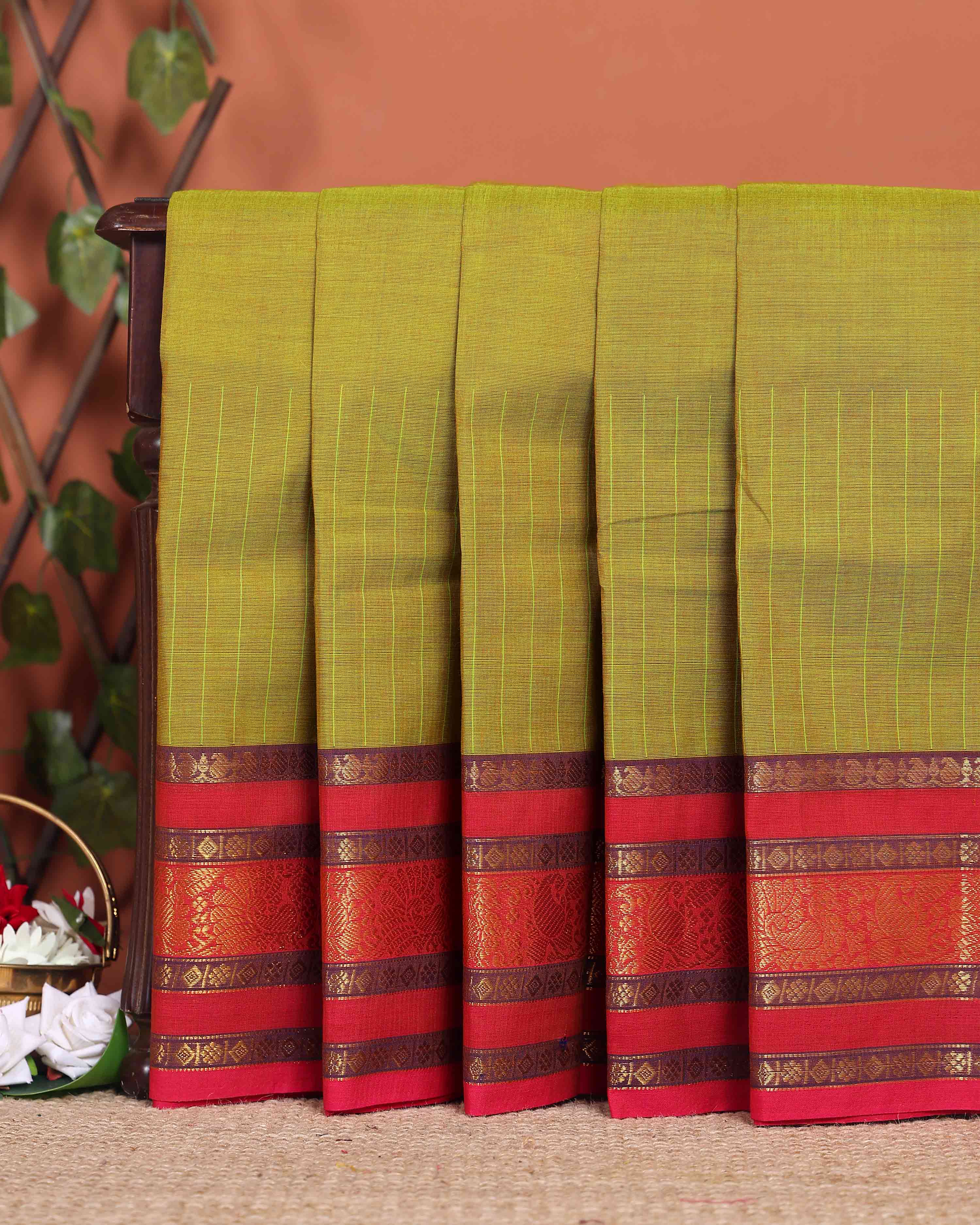 Chettinad Cotton Saree with Contrast Border & Grid Pattern - Olive Green
