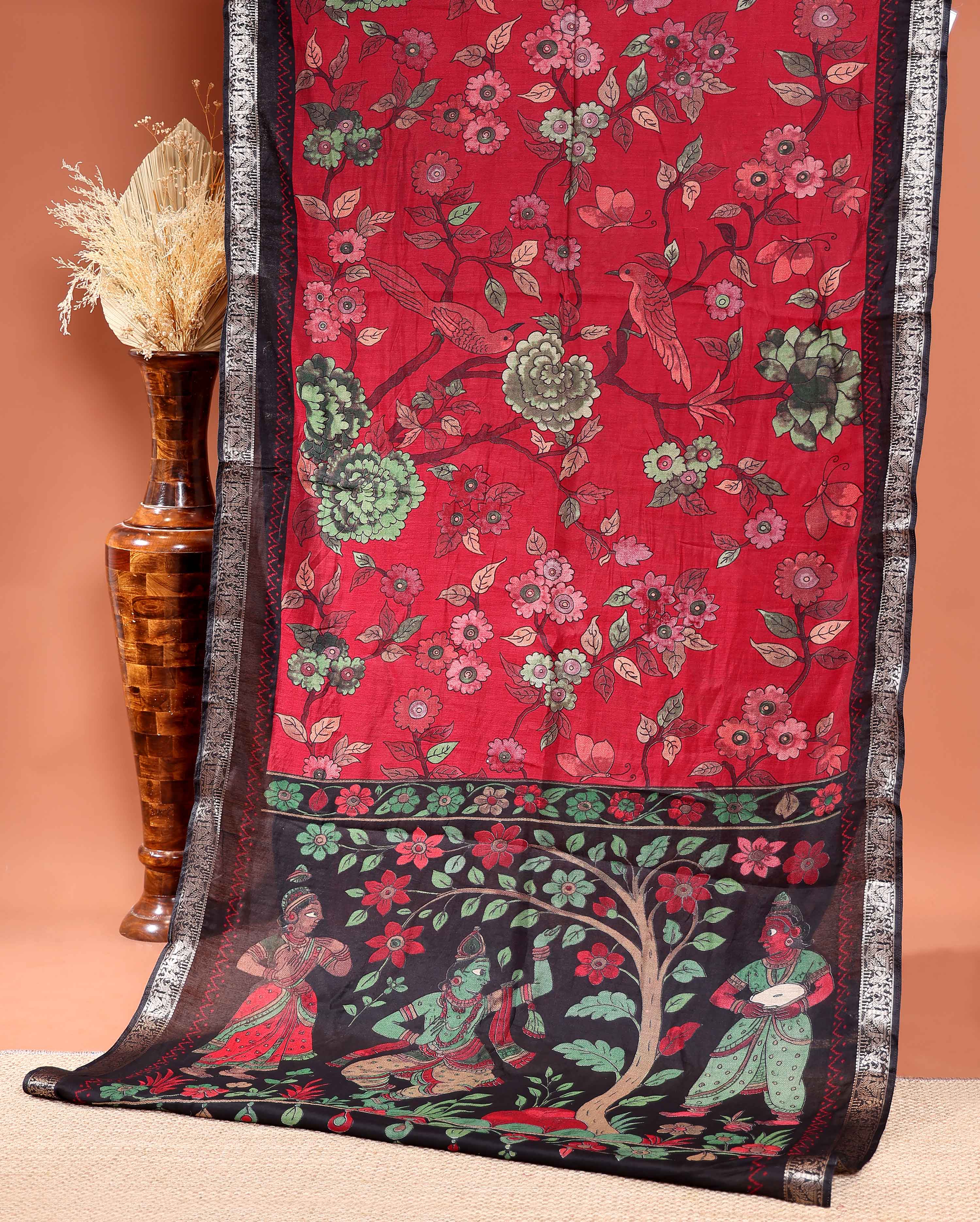 Red Handcrafted Semi Chanderi Saree with Floral Design & Ethnic Pallu