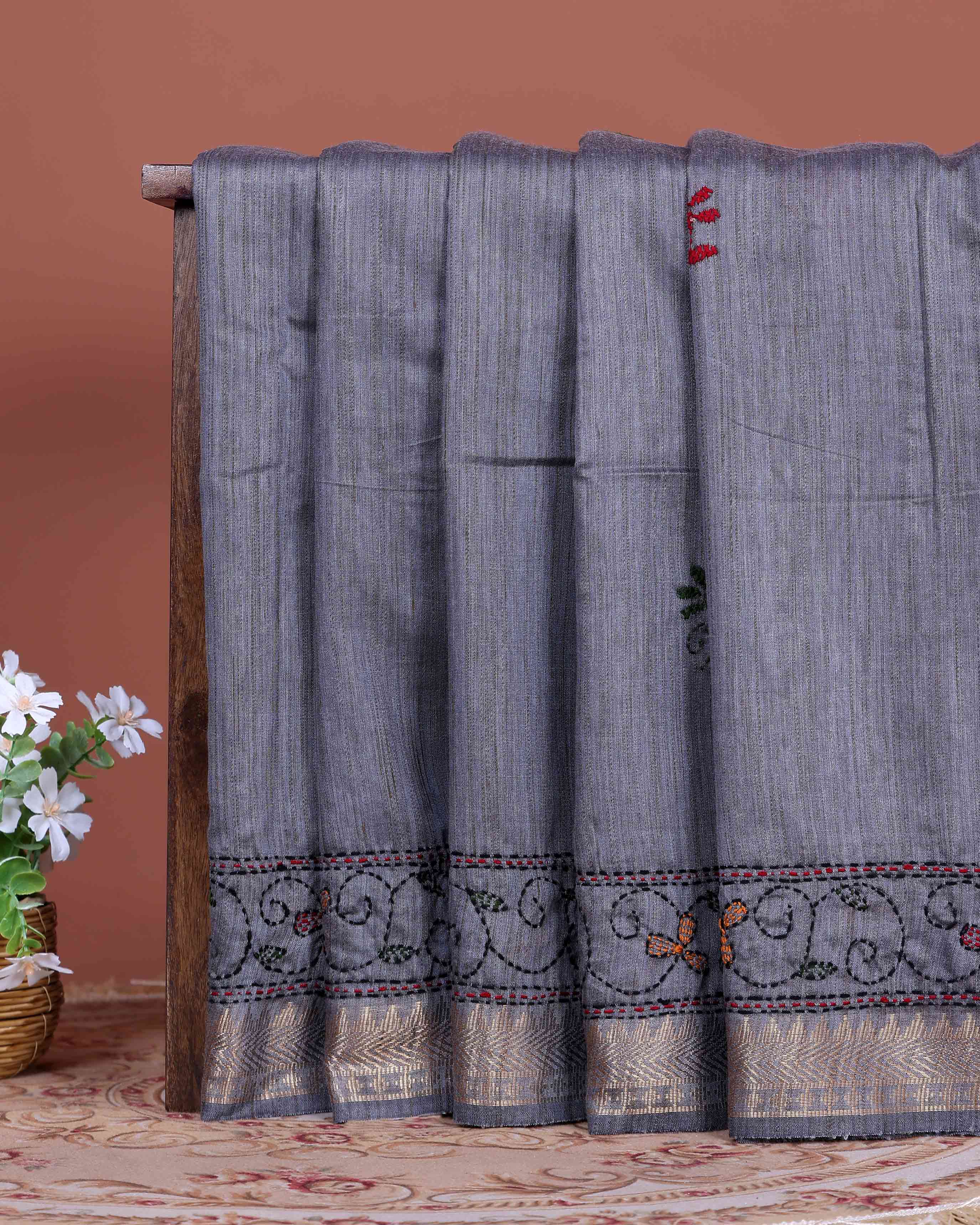 Elegant Dark Grey Kantha Saree with Floral Hand Embroidery & Border