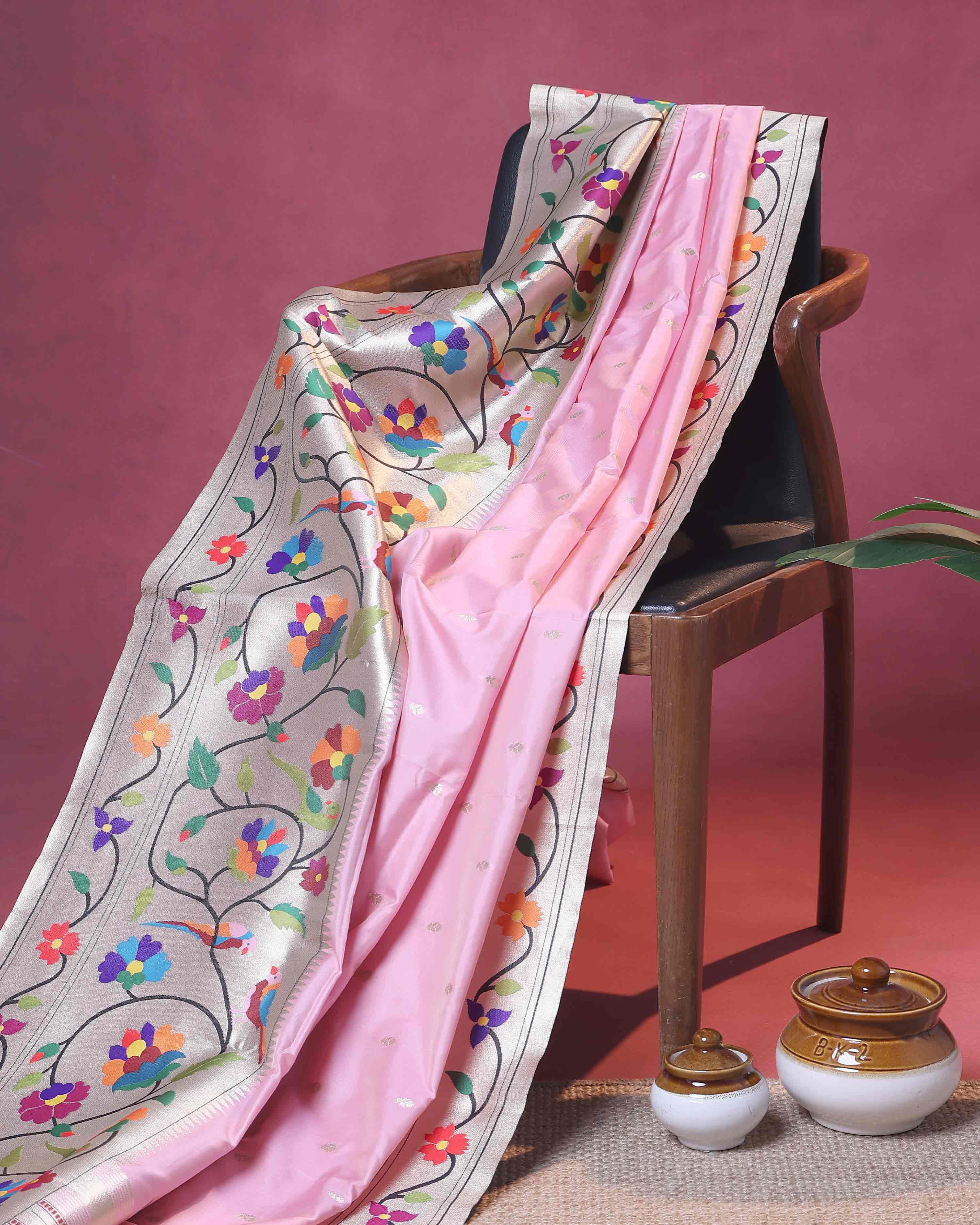 Traditional Paithani Semi Silk Saree with Floral Pallu & Zari Border