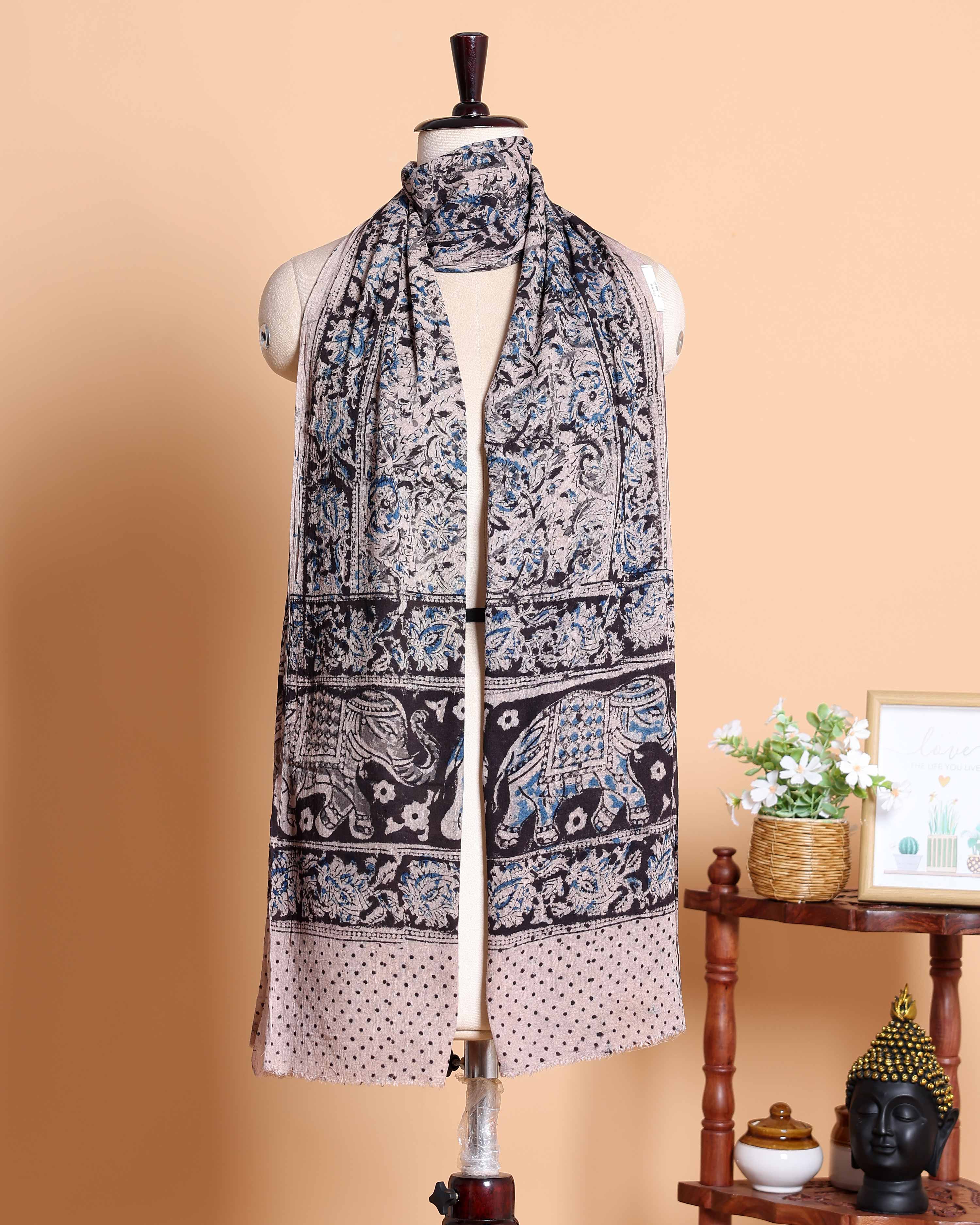 Traditional Women's Kalamkari Cotton Dupatta with Elephant Motifs
