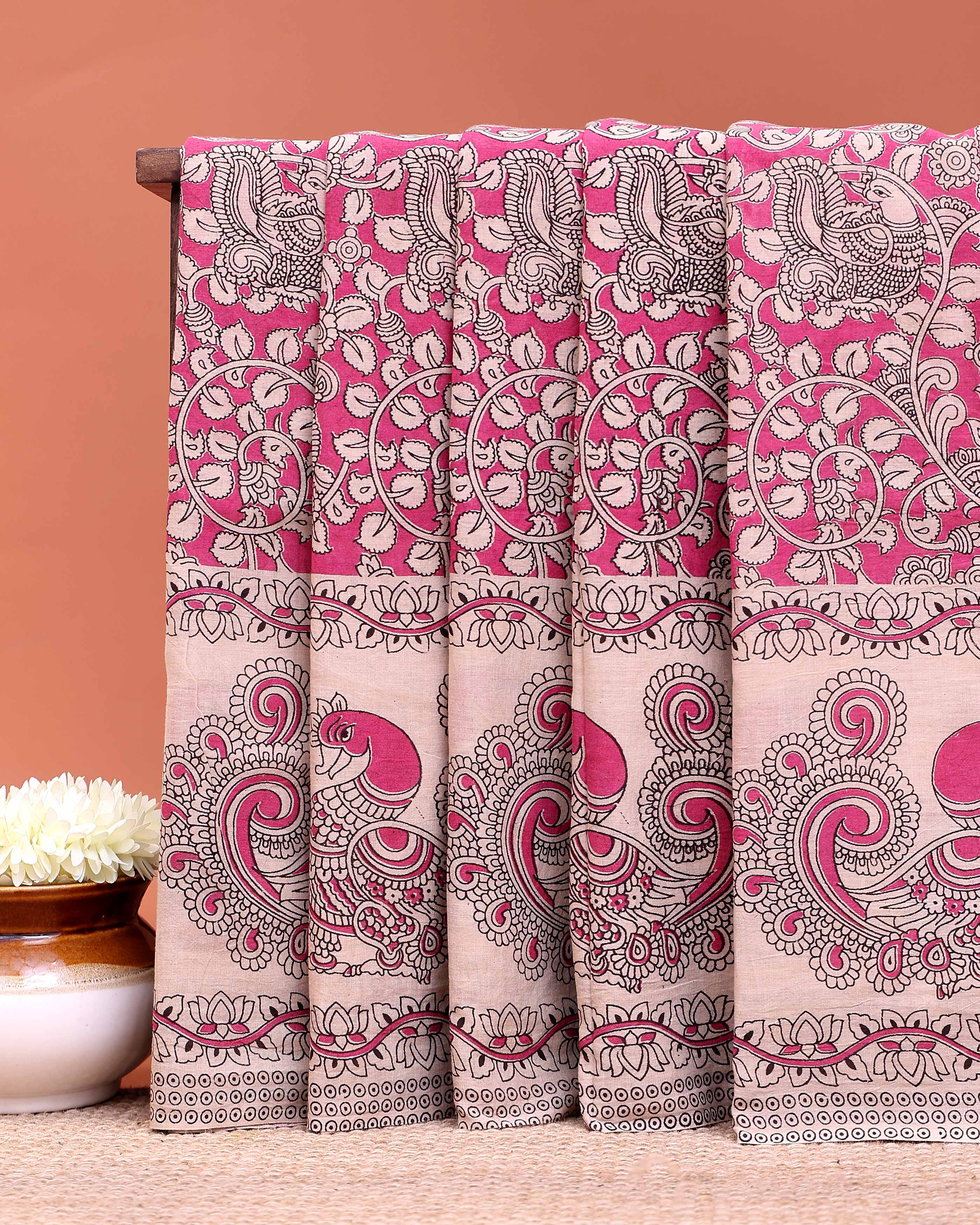 Traditional Hand-Painted Kalamkari Cotton Saree with Traditional Peaco