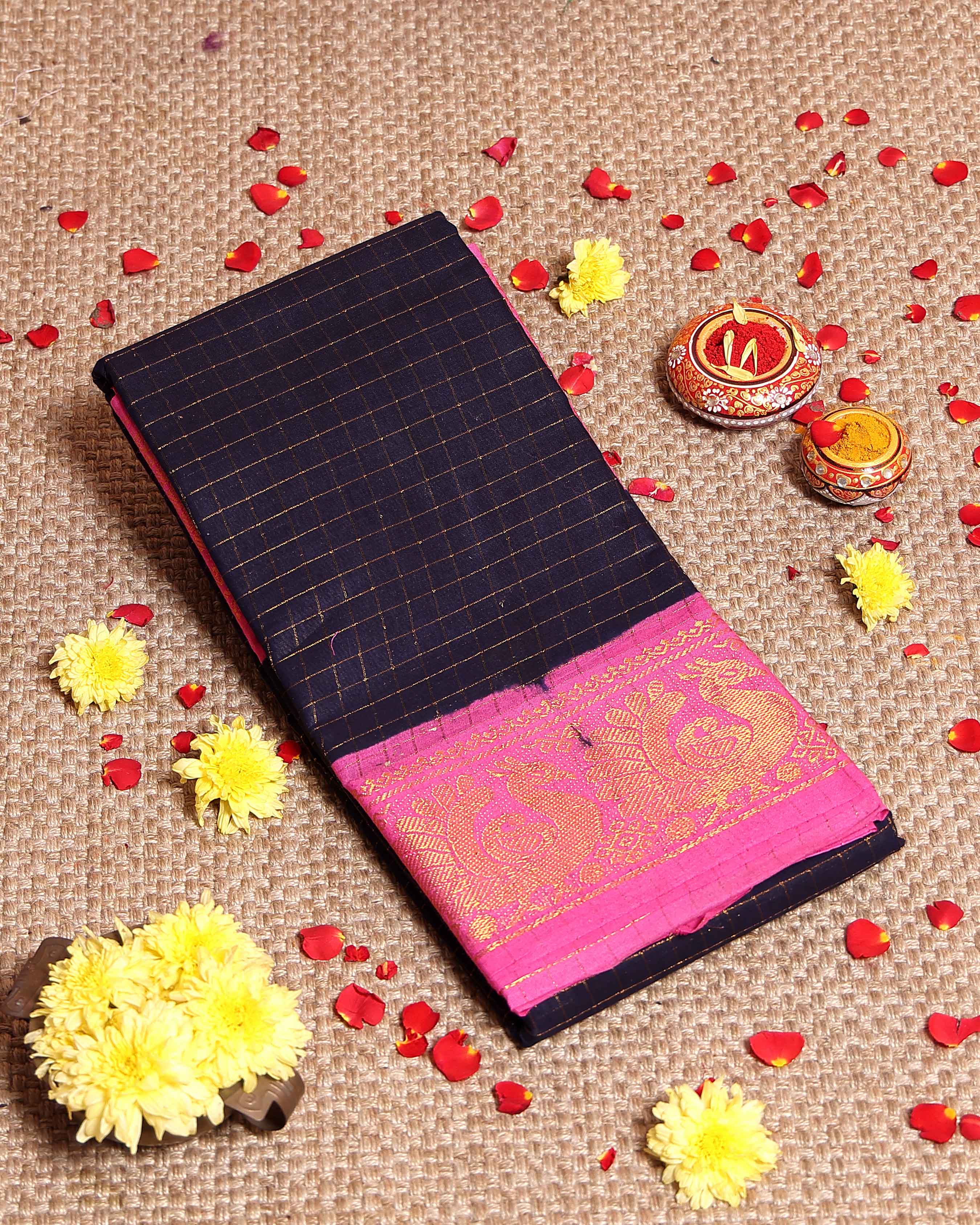Traditional Handloom Sungudi Cotton Saree Checks and Elegant Zari Peac