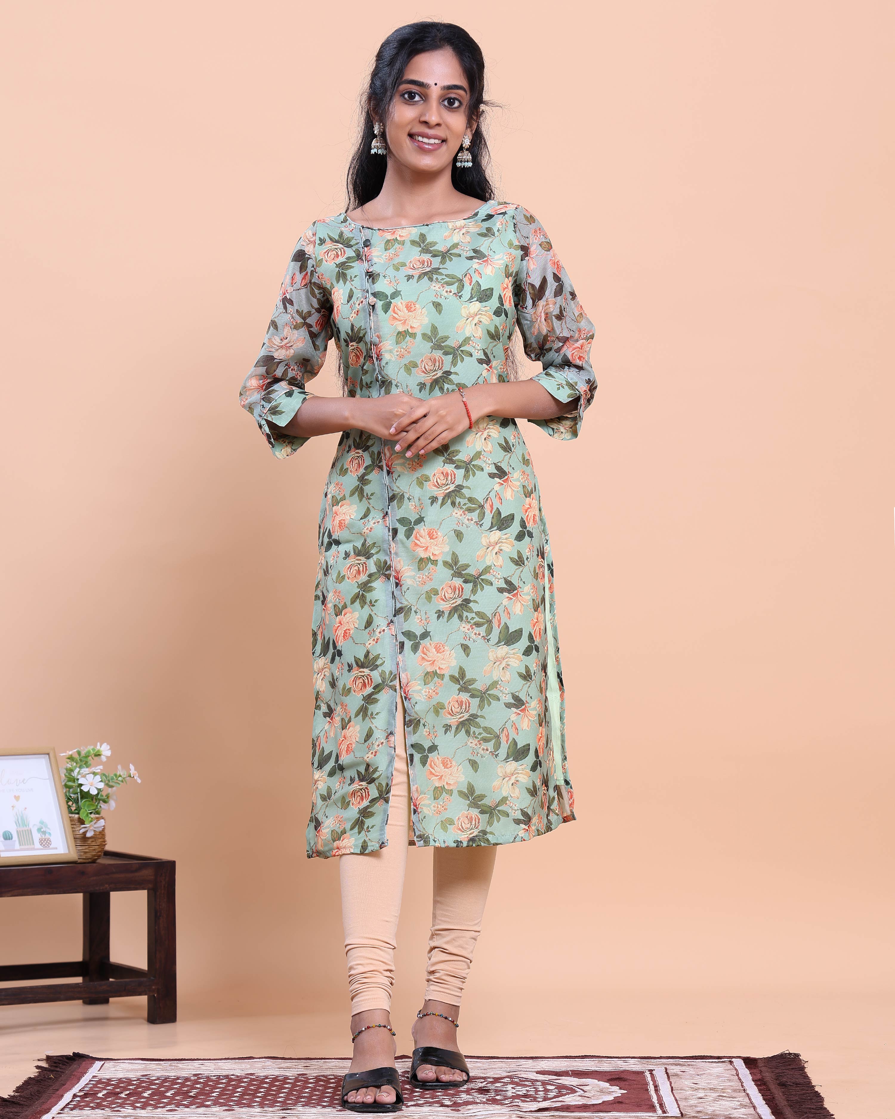 Women's Floral Printed Kurta with Front Slit and Round Neckline - Gree