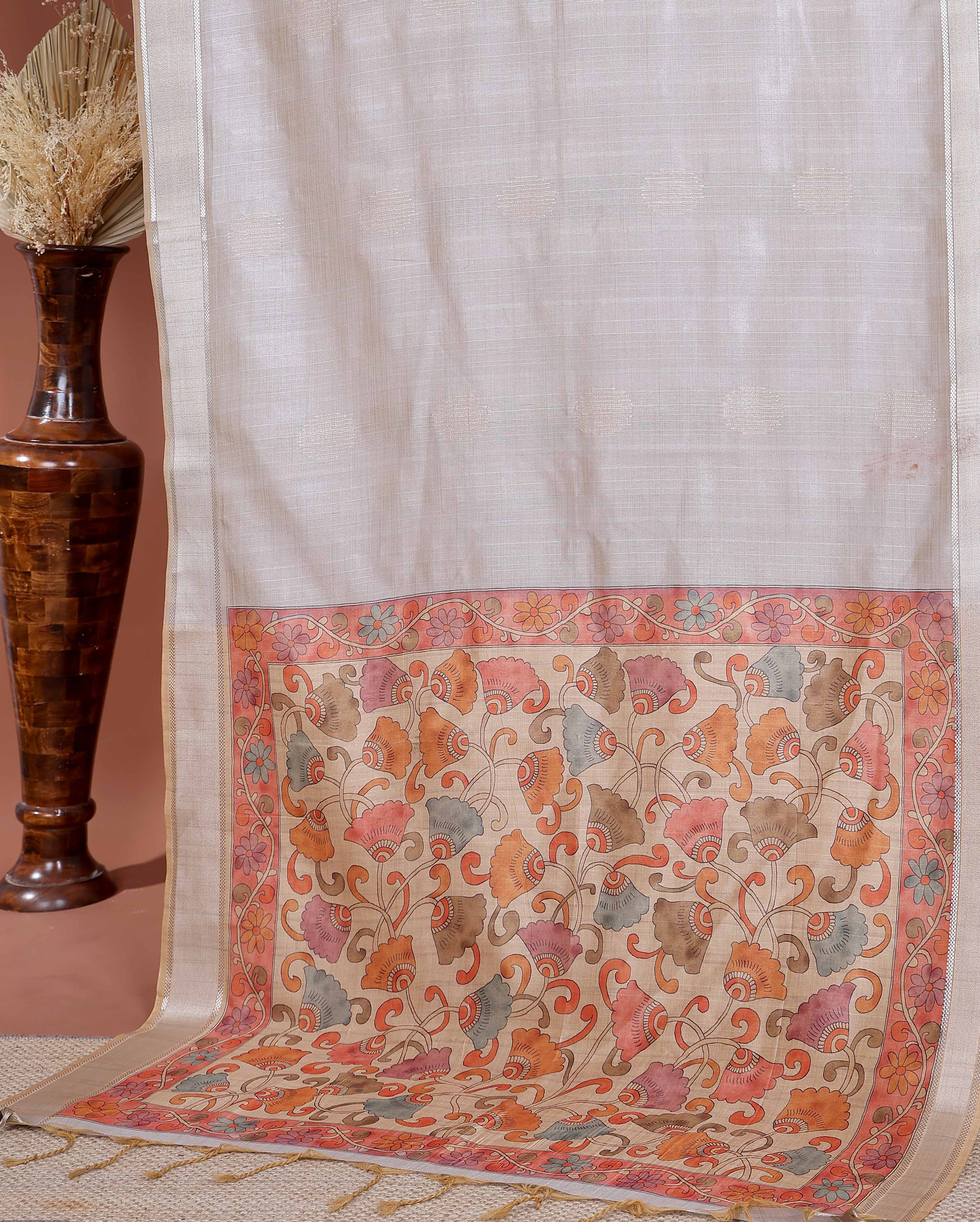 Semi Chanderi Saree with Floral Kalamkari Pallu & Woven Border - Beige
